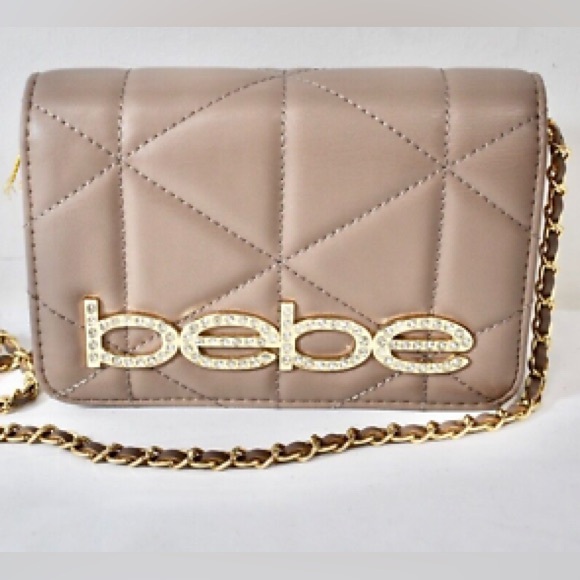 bebe | Bags | Bebe Rhinestone Logo Quilted Taupe Crossbody Bag With ...